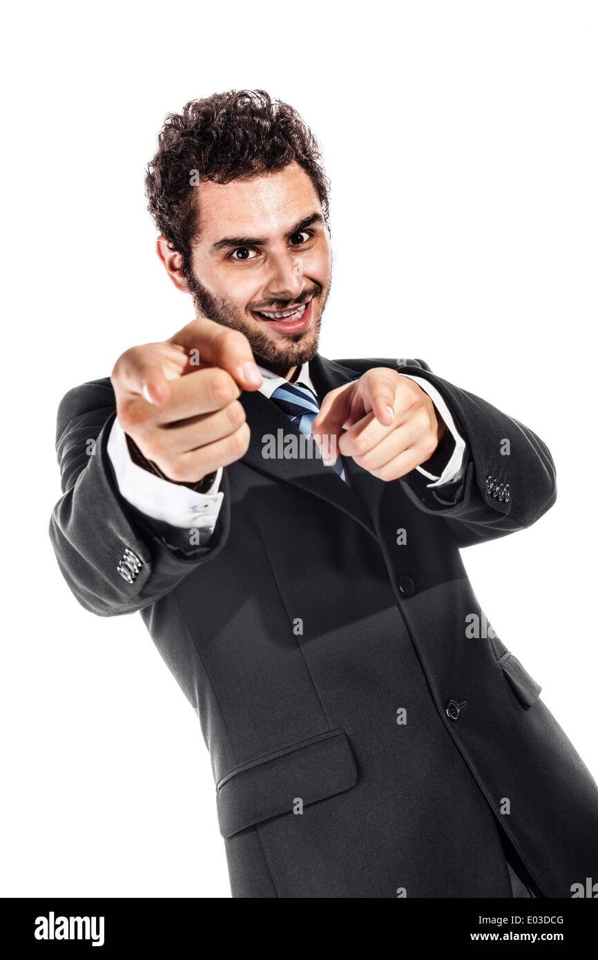 a cool and handsome businessman pointing at you with both index fingers ...