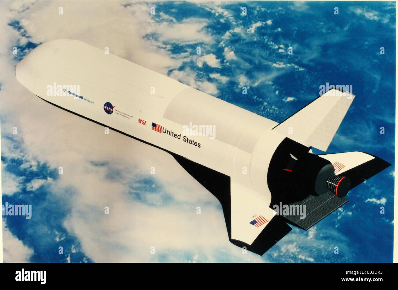This glossy photo showcases the NASA X-33 concept, developed between 1981 and 2010. The X-33 was ...