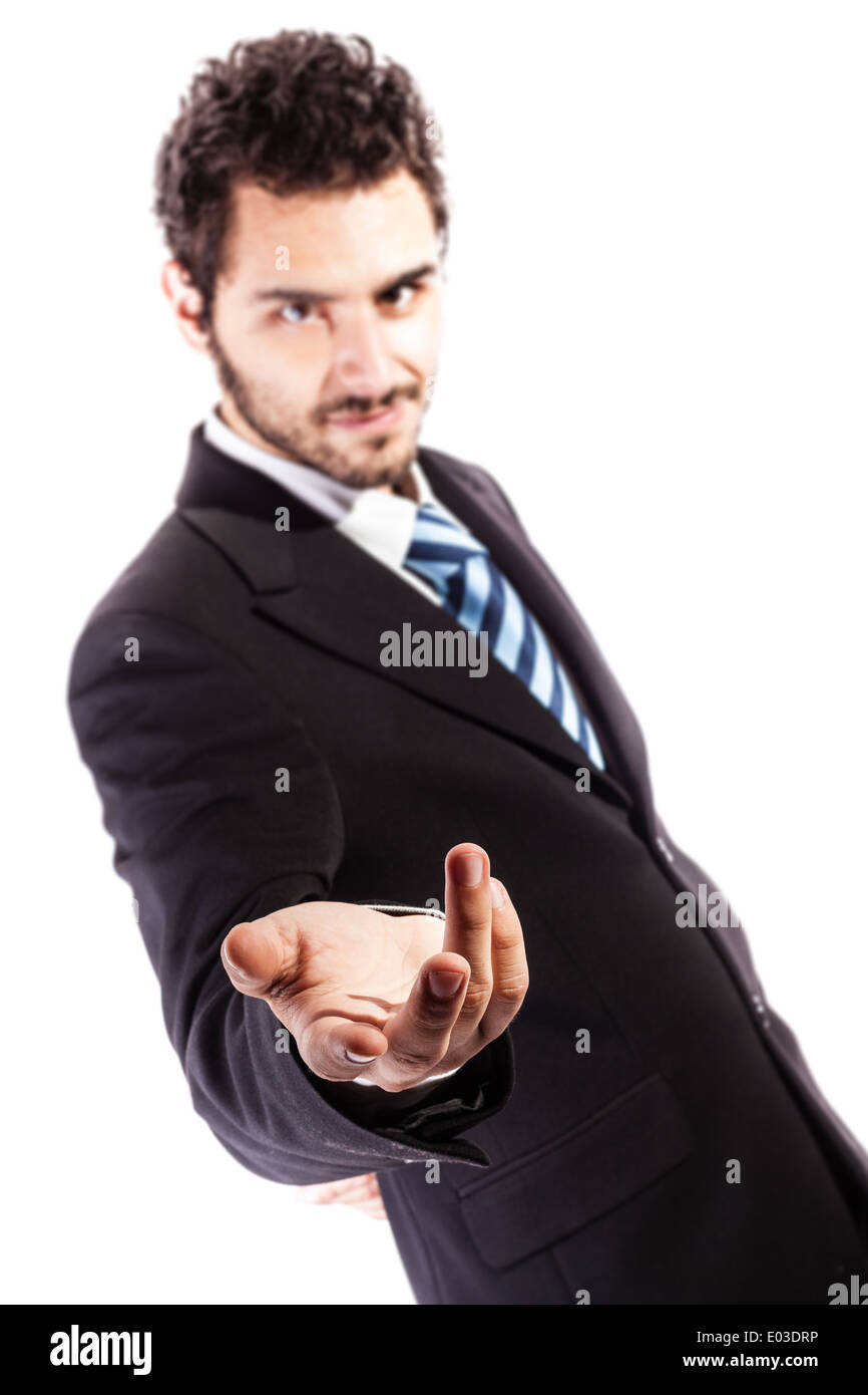 a young and handsome businessman in an evil pose isolated over a white ...