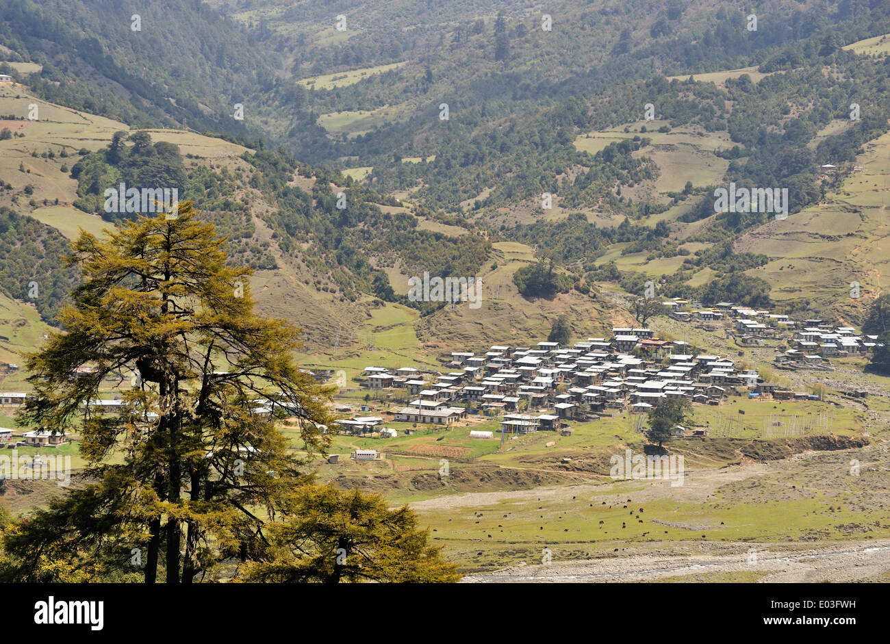 Aerial view of the village of Sakteng on Merak and Sakteng trek ...