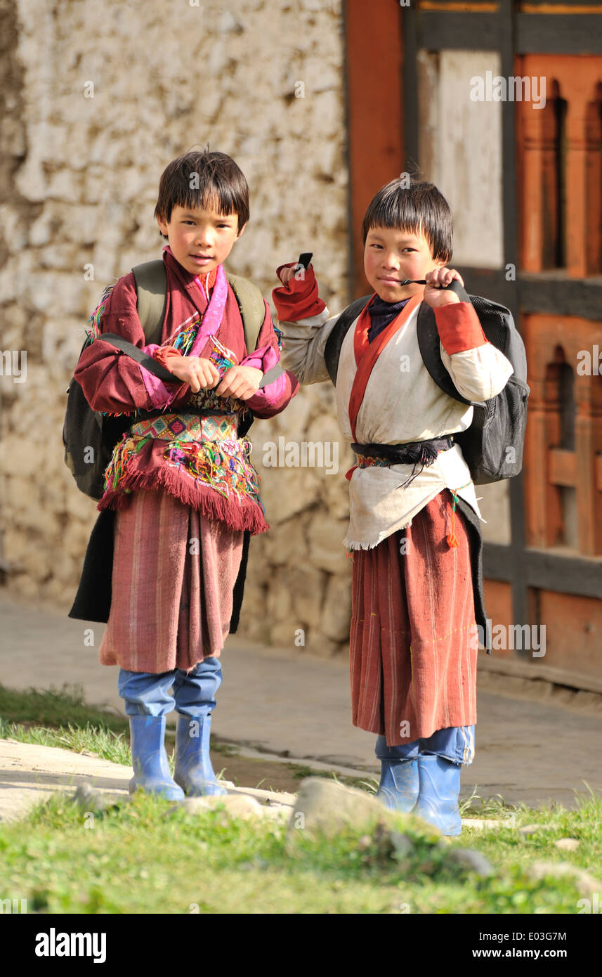 Children on their way from school, village of Sakteng on Merak and ...