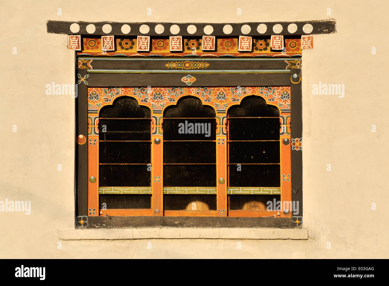 Window of traditional house, village of Sakteng on Merak Sakteng trek ...