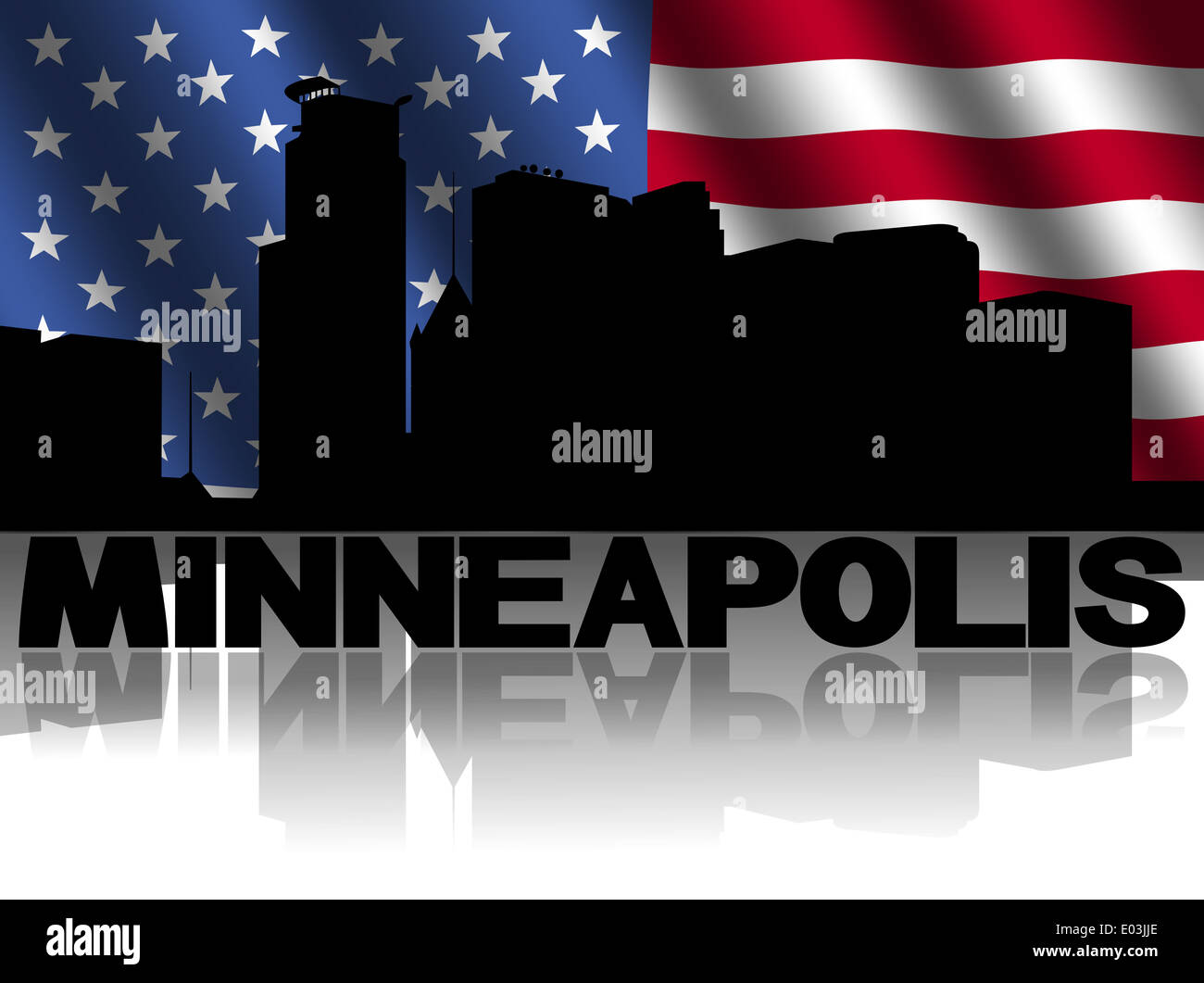 Minneapolis skyline and text reflected with rippled American flag ...