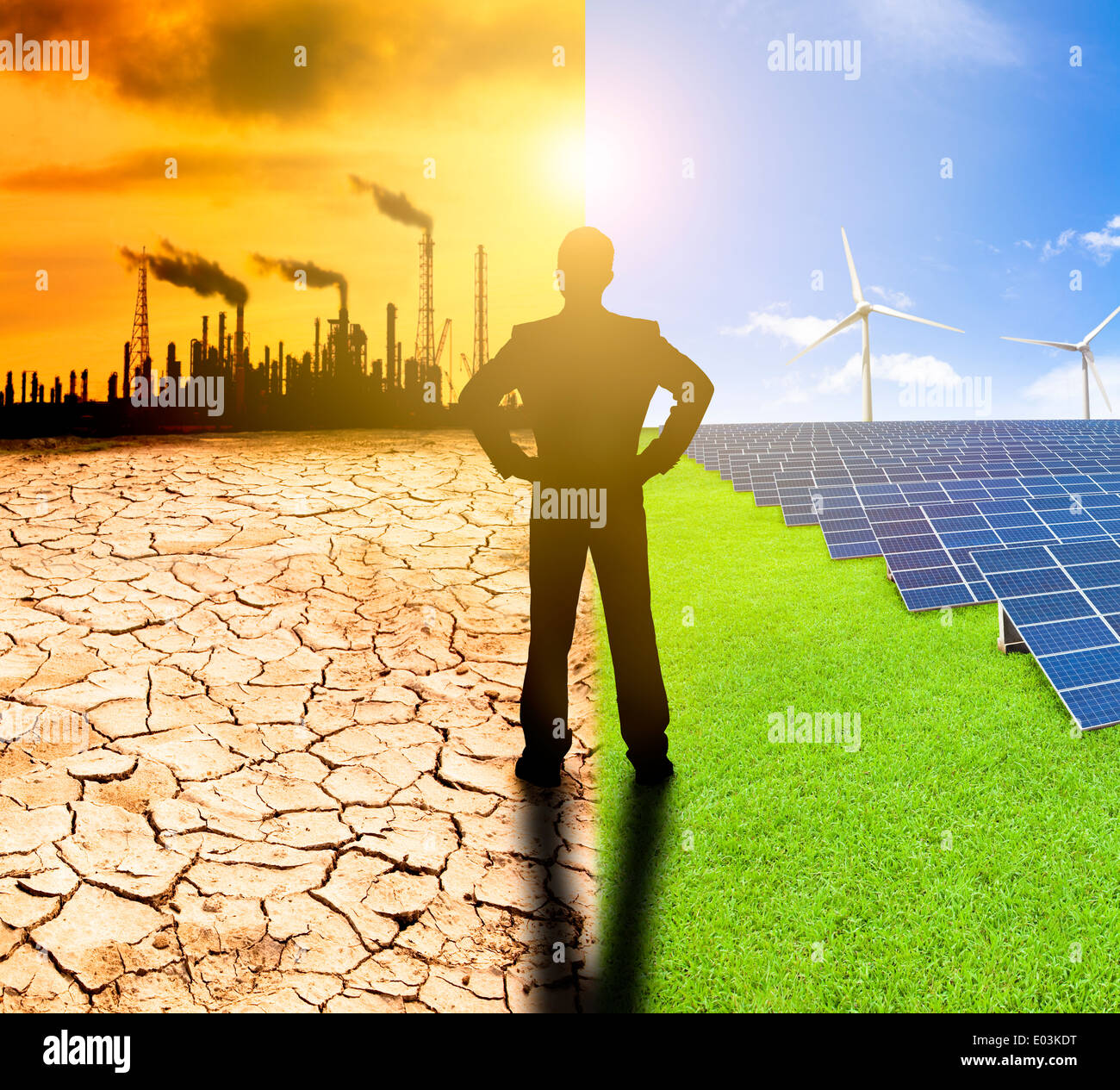 pollution and clean energy concept. businessman watching windmills ...