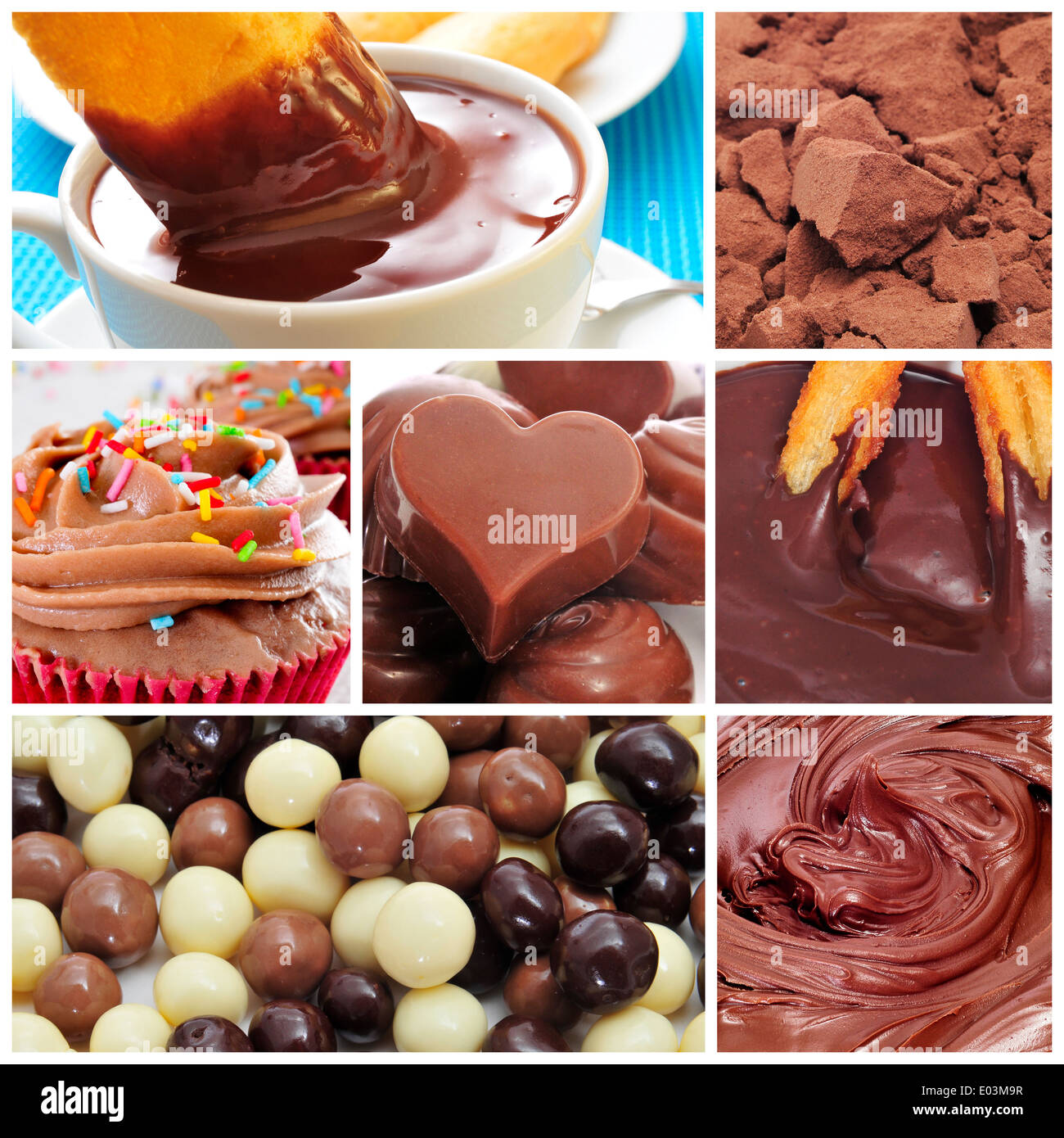 a collage of different sweet food made with cocoa, such as chocolates ...
