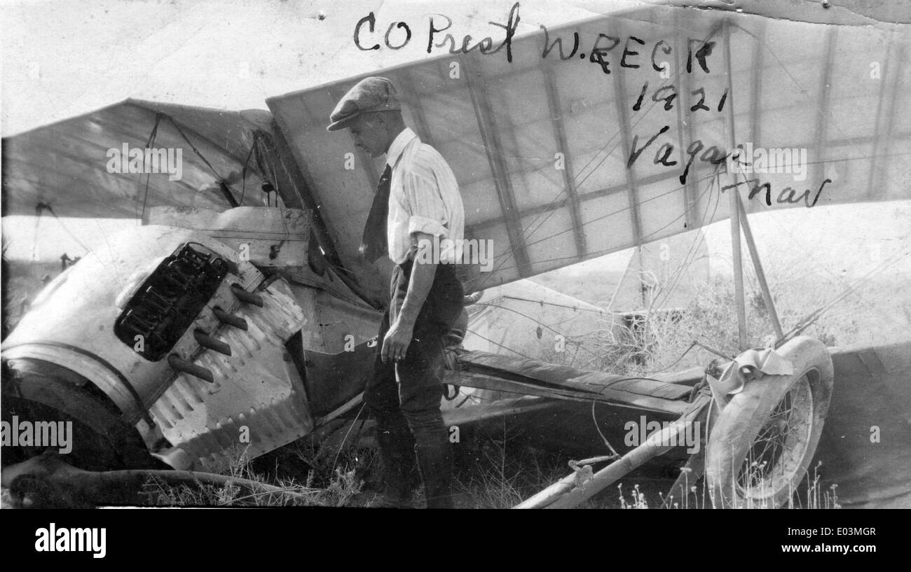 This image depicts the wreck of a Curtiss JN-4 Jenny aircraft in 1921 ...