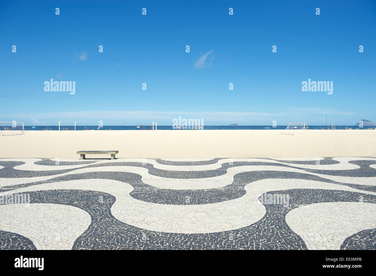 Iconic sidewalk tile pattern at empty view of Copacabana Beach Rio de ...