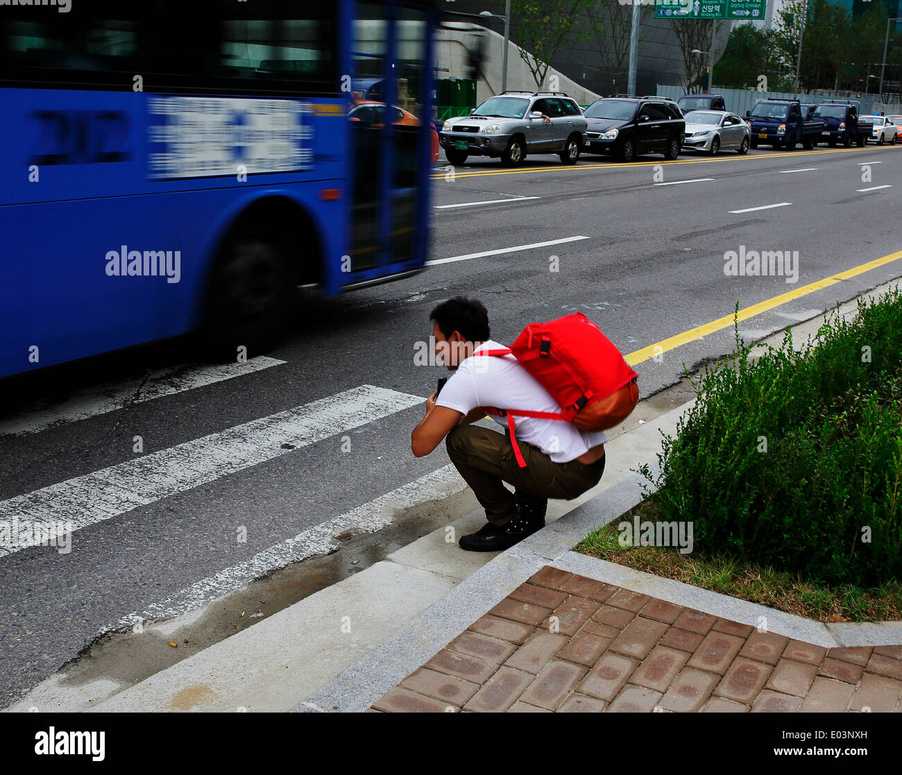 South Korea Seoul young man crouching at pedestrian crossing Stock ...