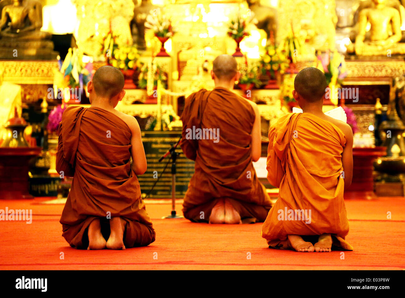Buddhist Monks praying during Songkran in the Temple at Wat Chedi Luang ...