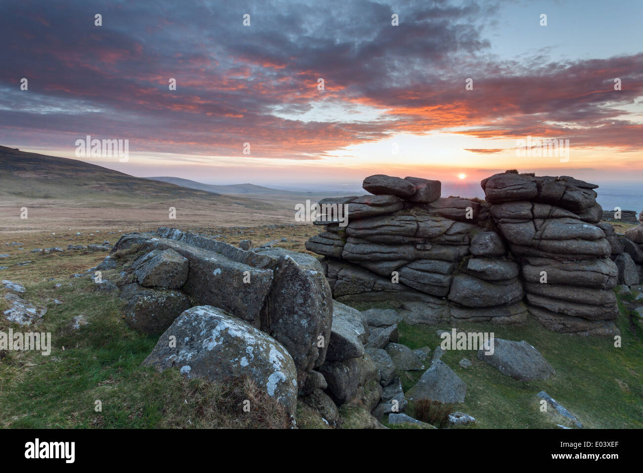 Spring sunset at West Mill Tor, Dartmoor, Devon, England Stock Photo ...