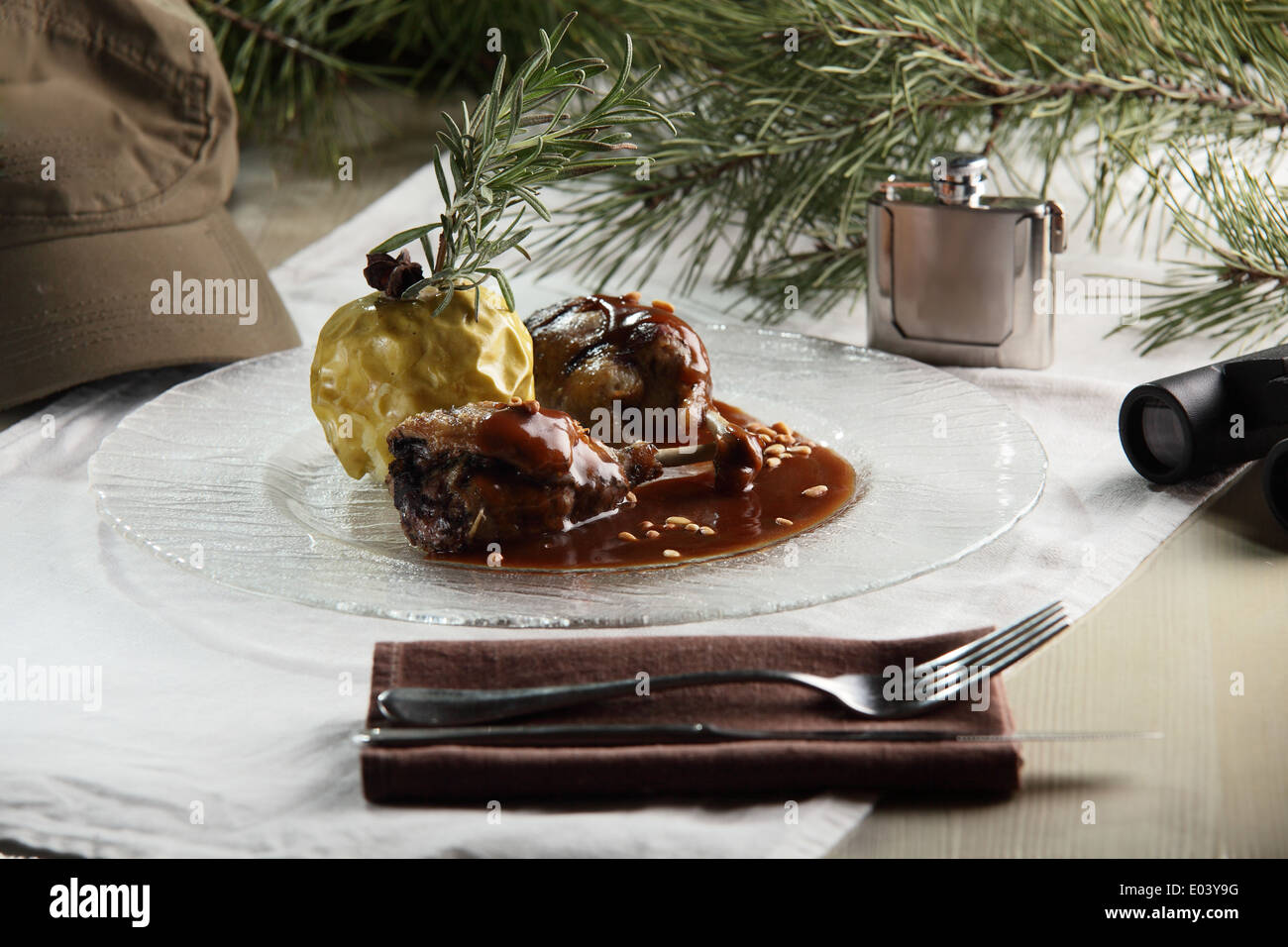 fresh and tasty peaces of meat with garnish Stock Photo - Alamy