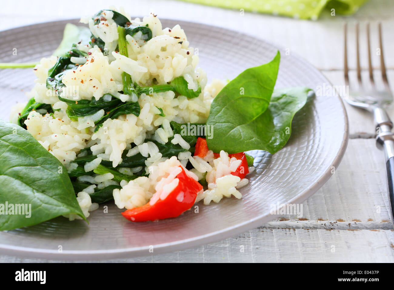 white rice with stewed spinach, food closeup Stock Photo - Alamy
