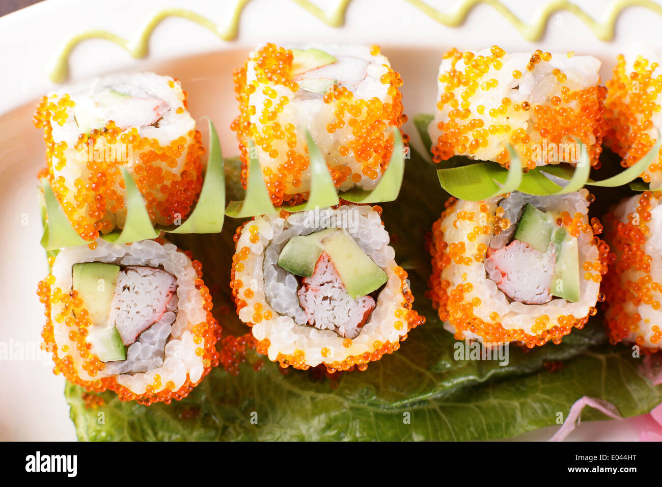 cold and fresh japanese sushi on white dish Stock Photo - Alamy