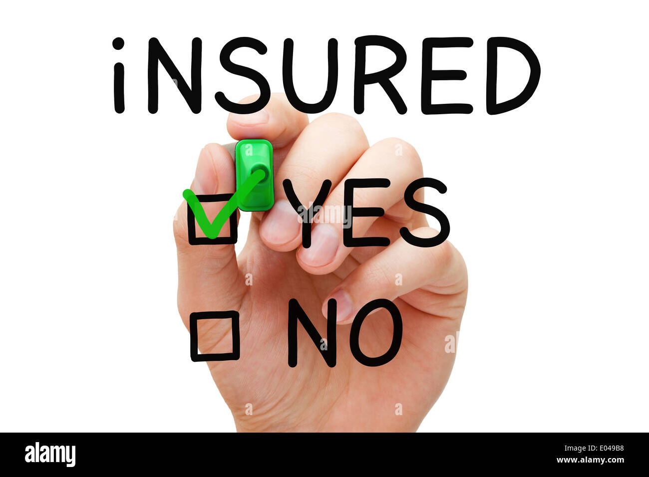 Hand putting check mark with green marker on Yes Insured Stock Photo ...