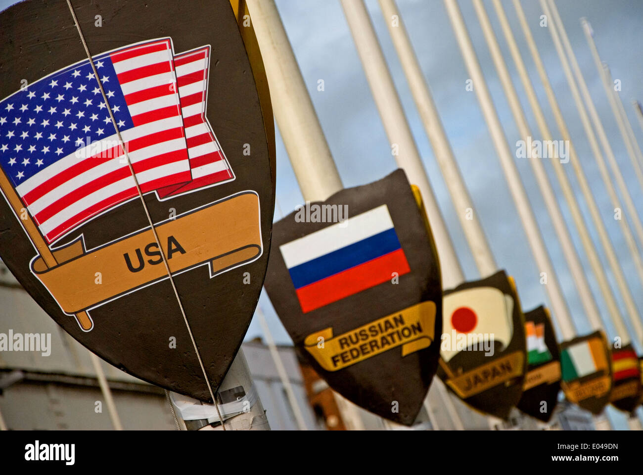 National flags on shields, on flagpoles in the centre of Stratford upon ...
