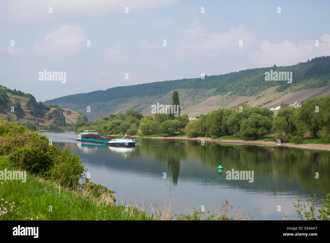 Barge on the river Mosel in the neighborhood of Zell am Mosel (Germany ...