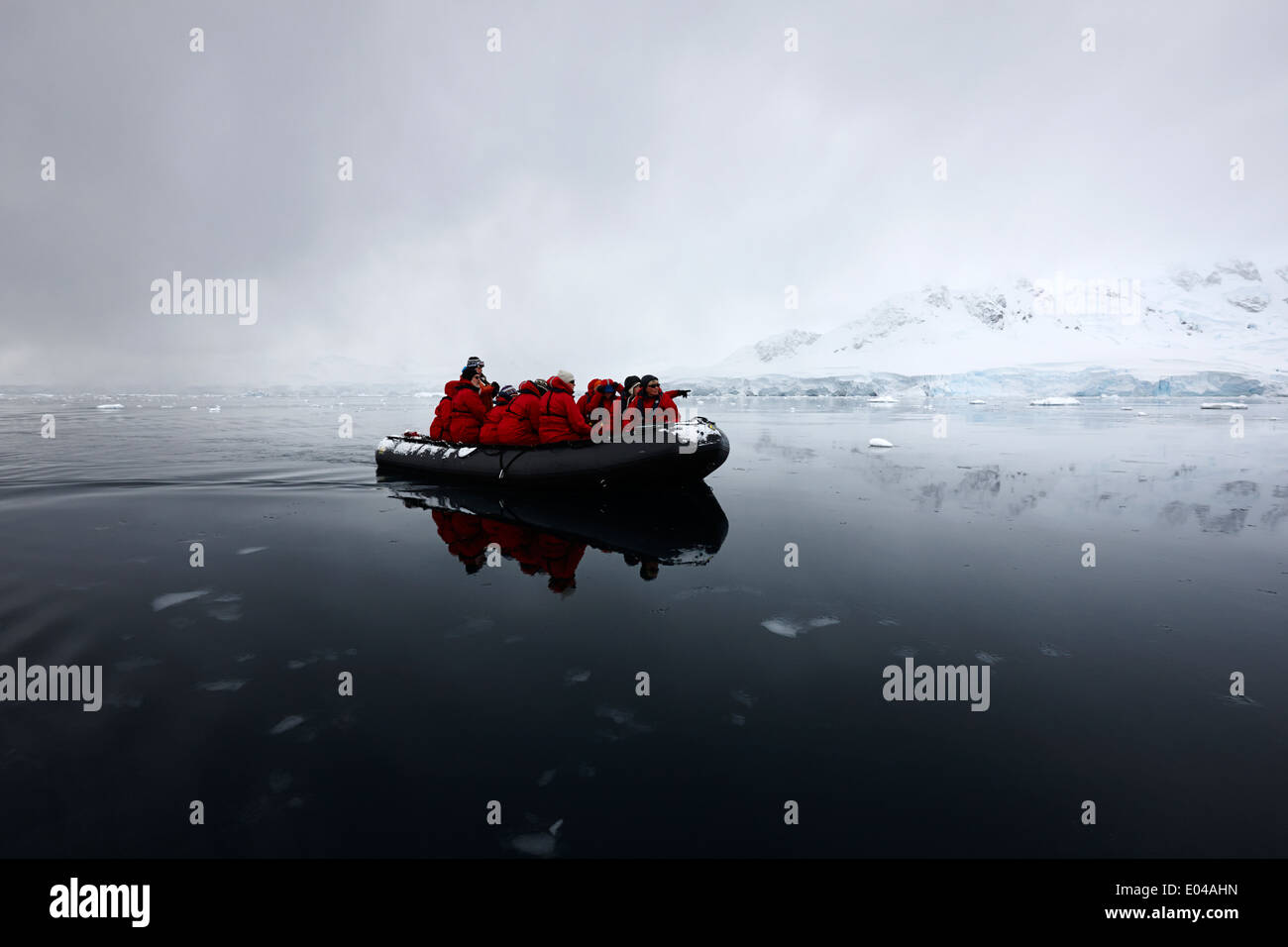 passengers on board a zodiac in fournier bay on excursion in antarctica ...