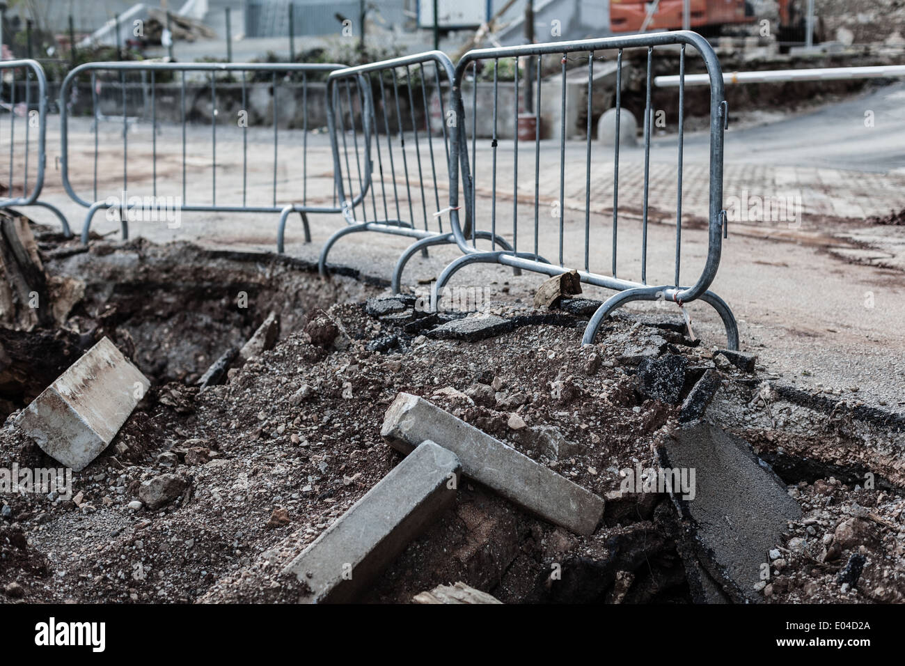 a devastated road with barricades and dirt Stock Photo - Alamy