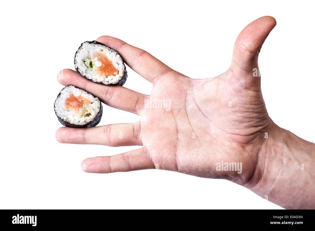 Tasty maki sushi holded by a male hand over a white background Stock ...