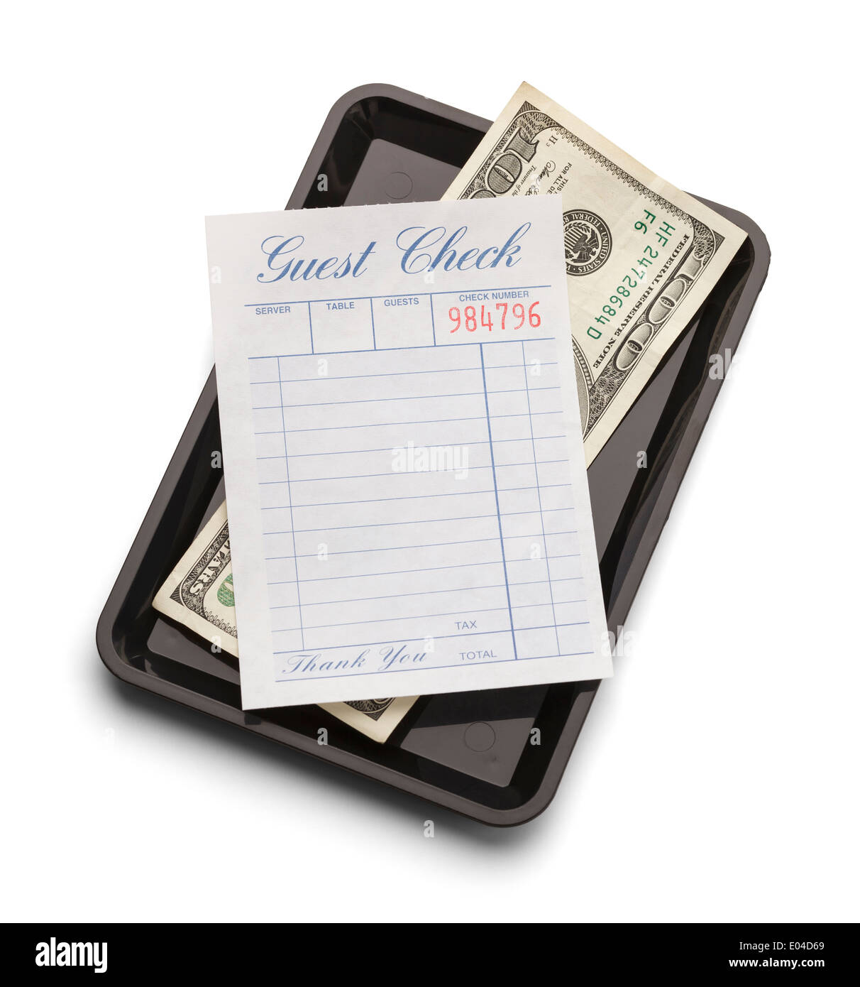 Resturant bill with hundred dollar bill on payment tray isolated on a ...