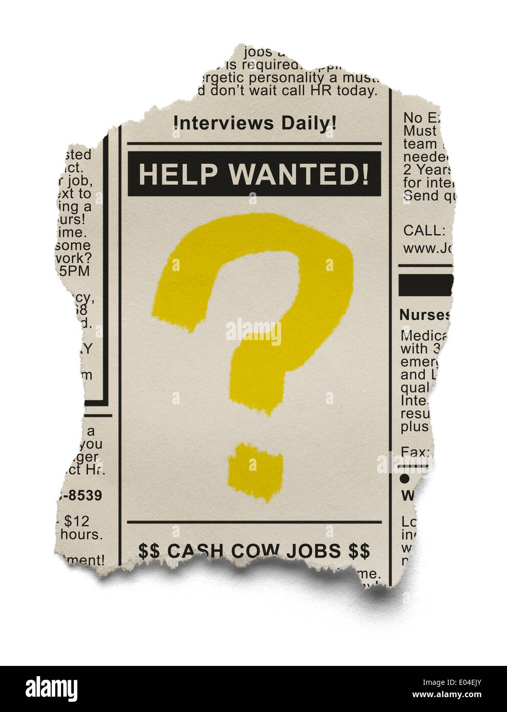 Help Wanted Job Search with Question Mark on torn Newspaper Ad Isolated ...