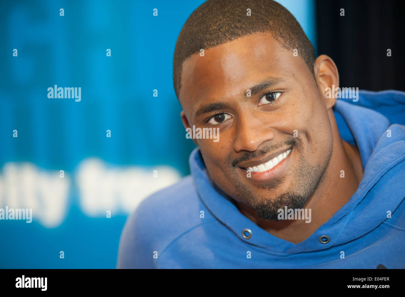 US hurdling athlete David Oliver at the press conference a day before ...