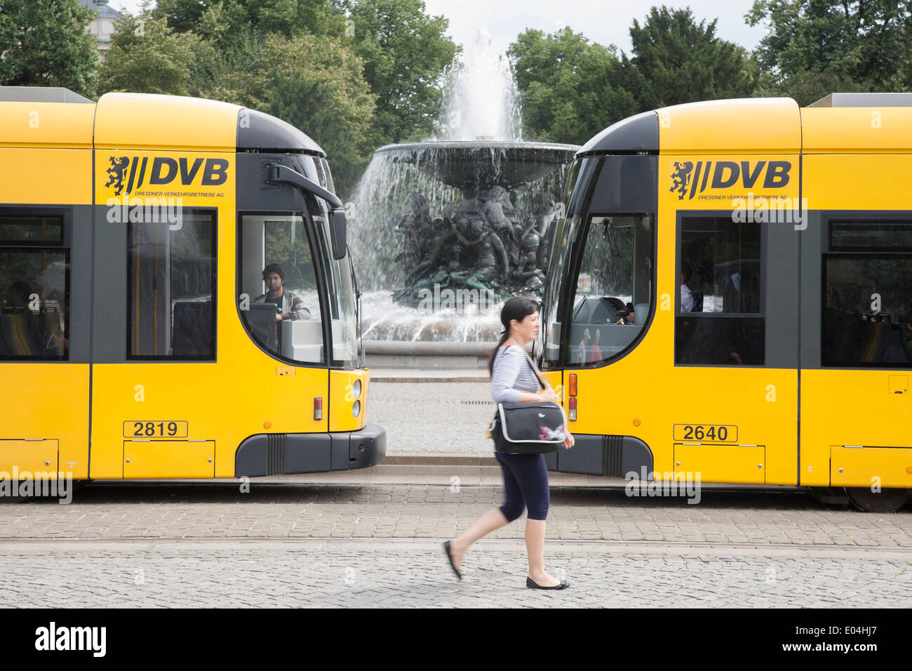 Yellow Trams and Silent Water Fountain; Albert Square - Albertplatz ...