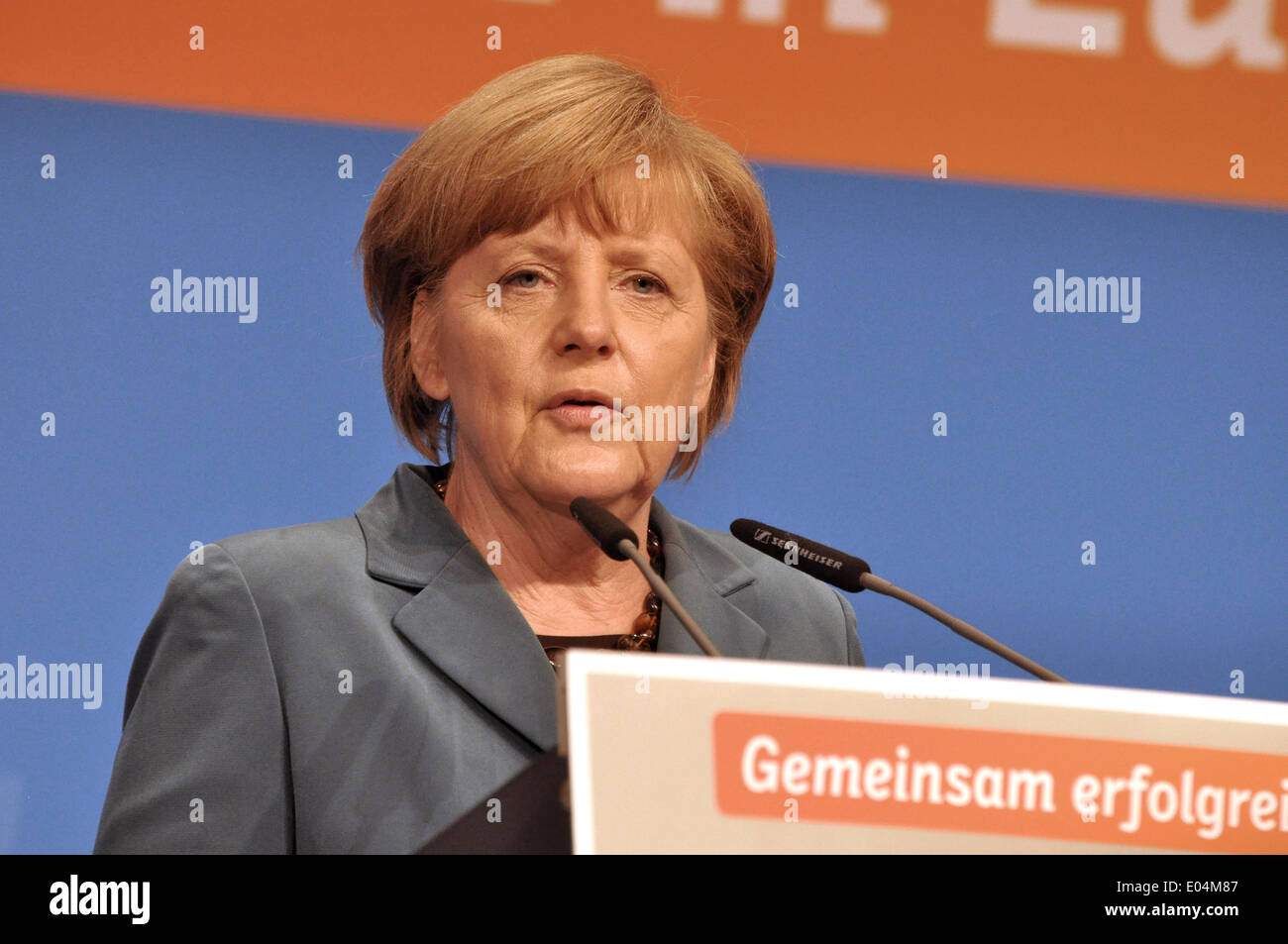 Frankfurt. 30th Apr, 2014. Angela Merkel gestures during her speech at ...