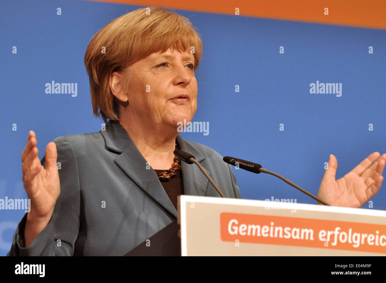 Frankfurt. 30th Apr, 2014. Angela Merkel gestures during her speech at ...
