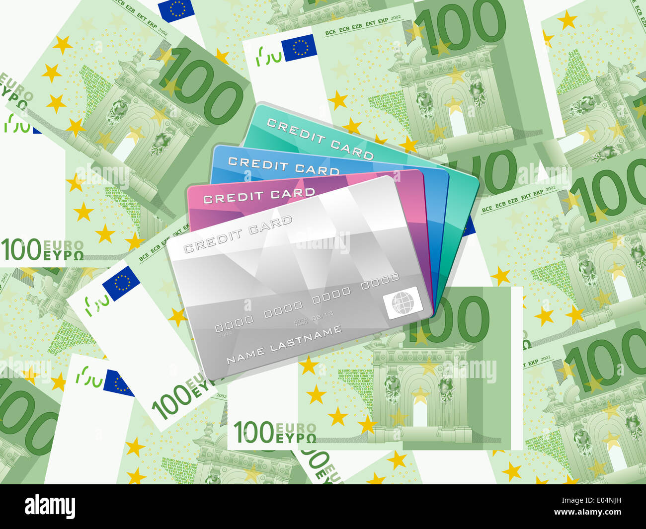 Credit cards on one hundred euro banknotes background. Vector ...