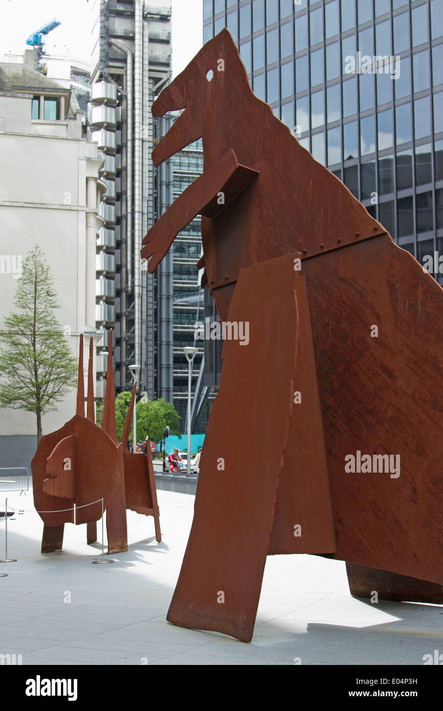 Metal dinosaurs outside 30 St. Mary Axe, ("the Gherkin"), London Stock ...