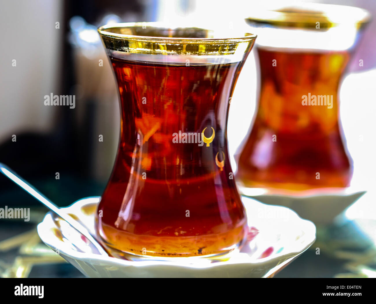 Two cups of Turkish tea in a bar of Istanbul Stock Photo - Alamy