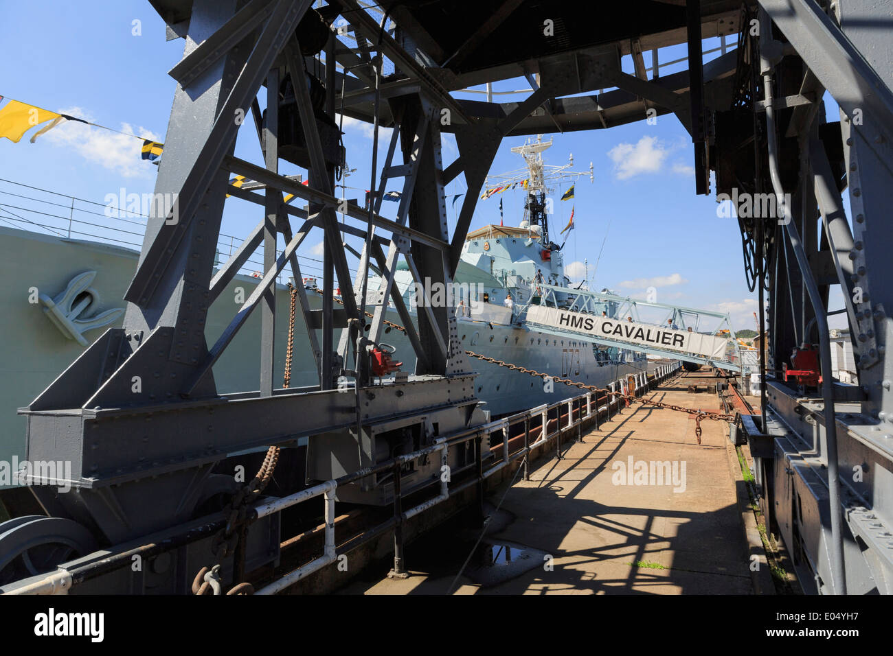 HMS Cavalier viewed through a crane at maritime heritage museum in ...