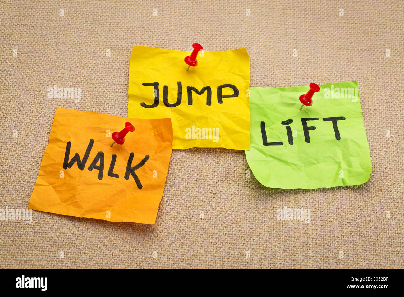 exercise and fitness concept - walk, jump, and lift words on reminder ...