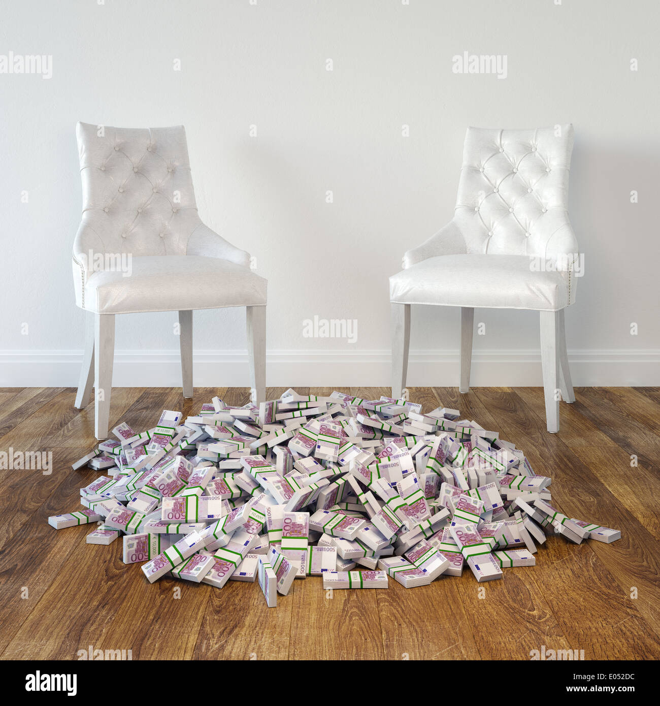 Two White Chairs In Minimalist Interior With Stack Of Money On Wooden ...