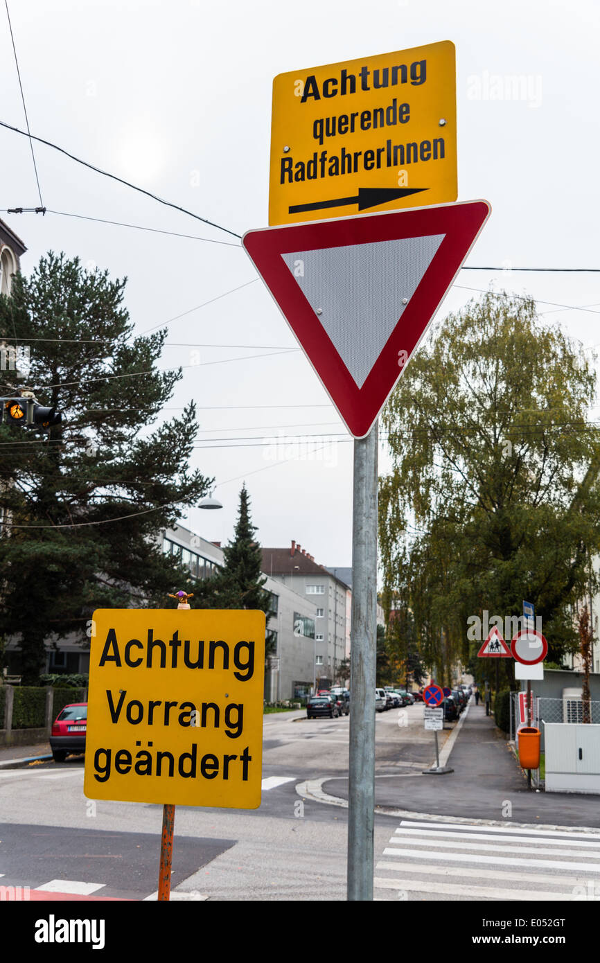 Road signs, attention, changed priority, priority for cyclists Stock ...