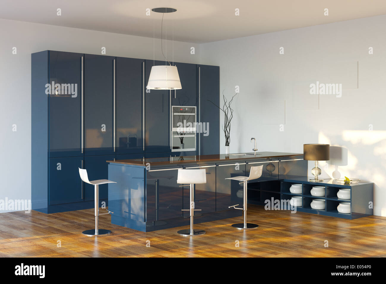 Luxury Hi-Tech Kitchen Interior Design With Bar Stock Photo - Alamy