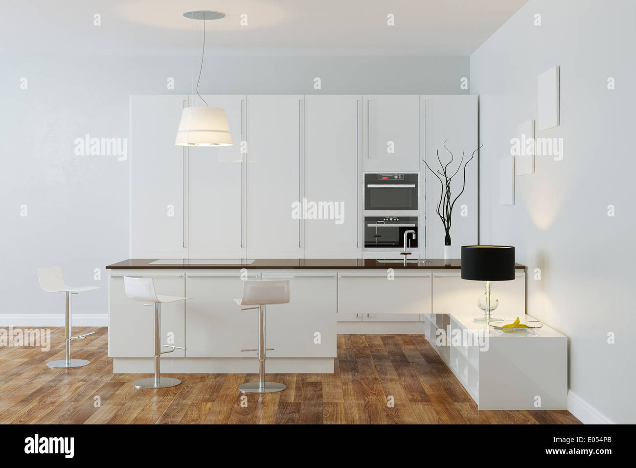Luxury Hi-Tech Kitchen Interior Design With Bar Stock Photo - Alamy