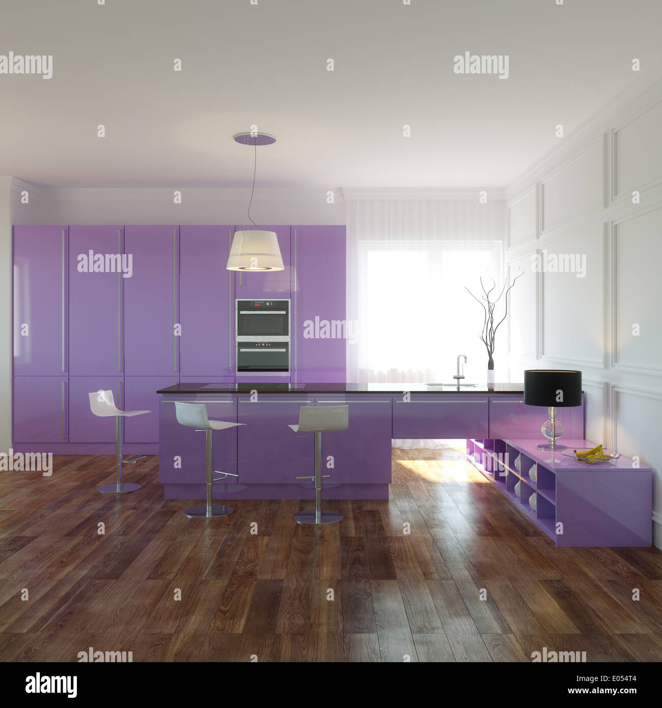 Luxury Hi-Tech Kitchen Interior Design With Bar Stock Photo - Alamy