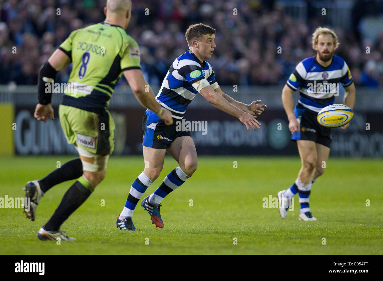 Bath, UK. 02nd May, 2014. George FORD (Bath Rugby) moves the ball wide ...