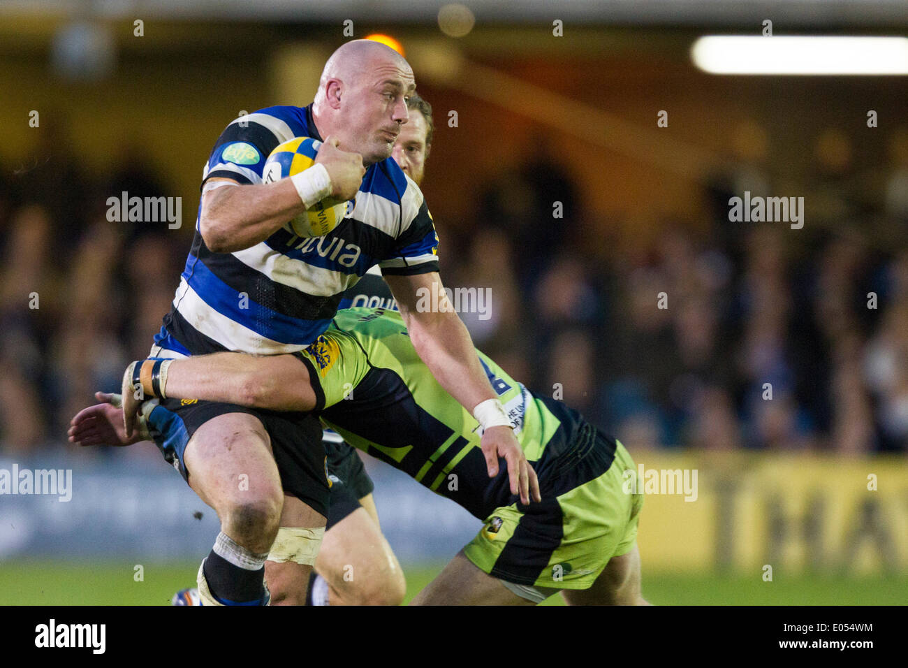 Bath, UK. 02nd May, 2014. Carl FEARNS (Bath Rugby) is tackled during ...