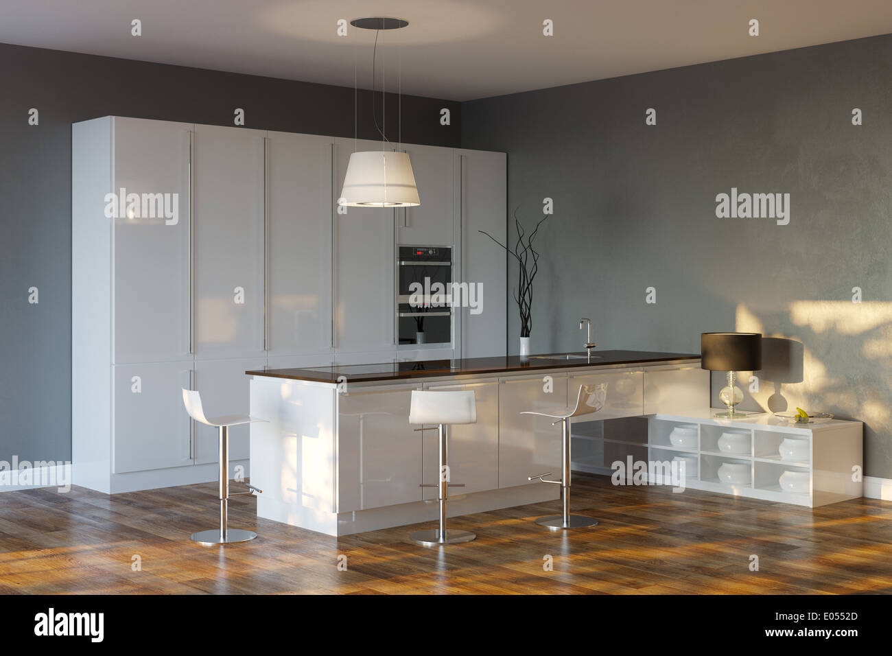 Luxury Hi-Tech Kitchen Interior Design With Bar Stock Photo - Alamy