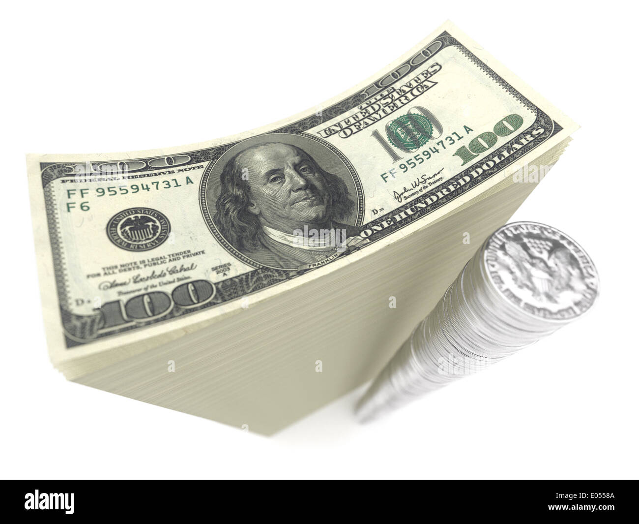 stack of banknotes and coins of dollars on isolated white Stock Photo ...