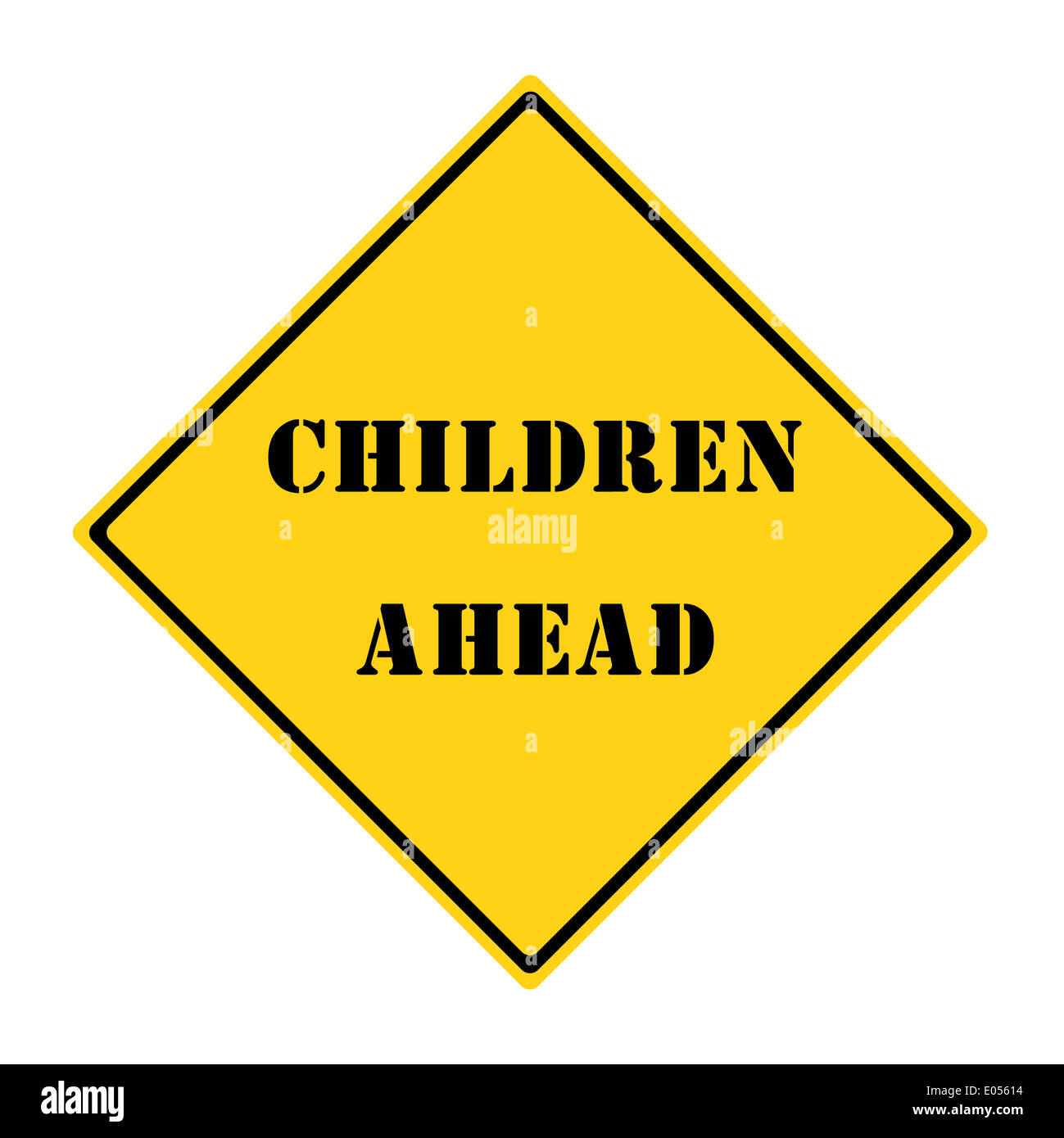 A yellow and black diamond shaped road sign with the words CHILDREN ...