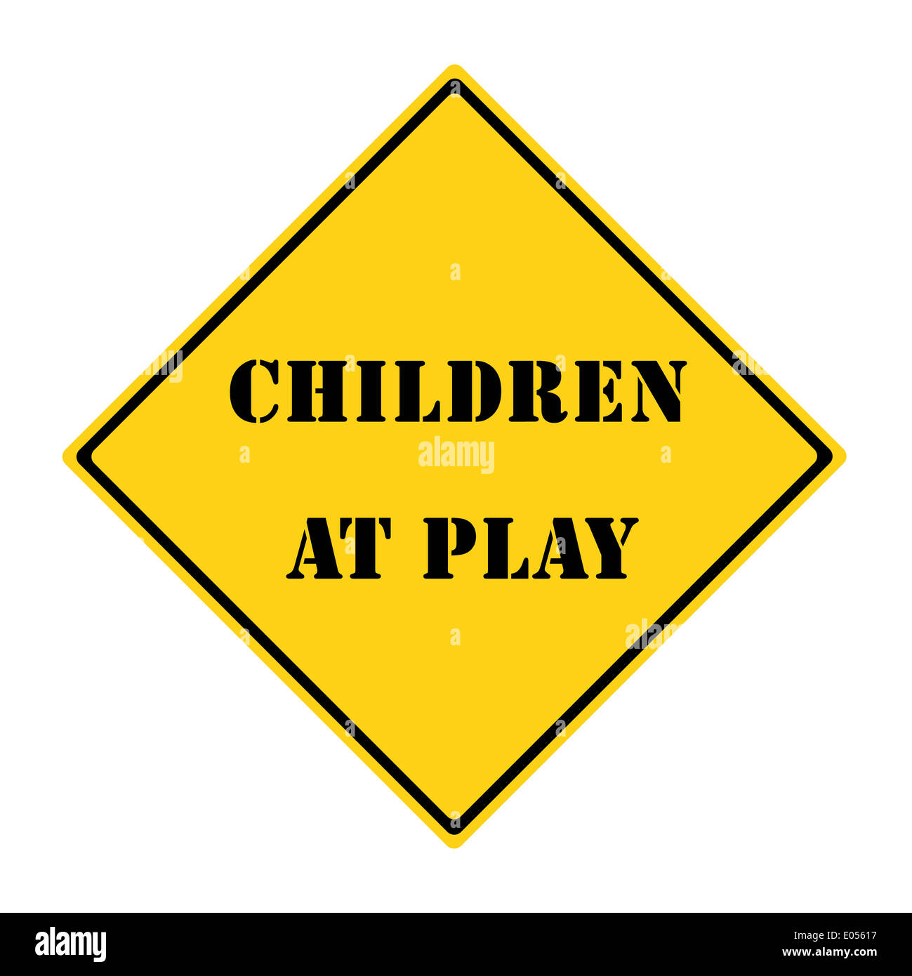 A yellow and black diamond shaped road sign with the words CHILDREN AT ...