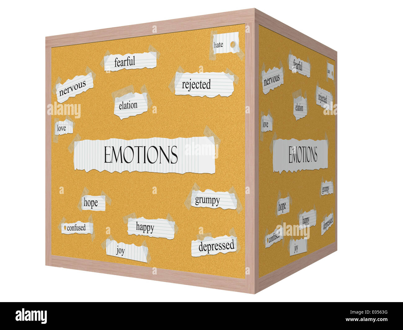 Emotions 3D cube Corkboard Word Concept with great terms such as love ...