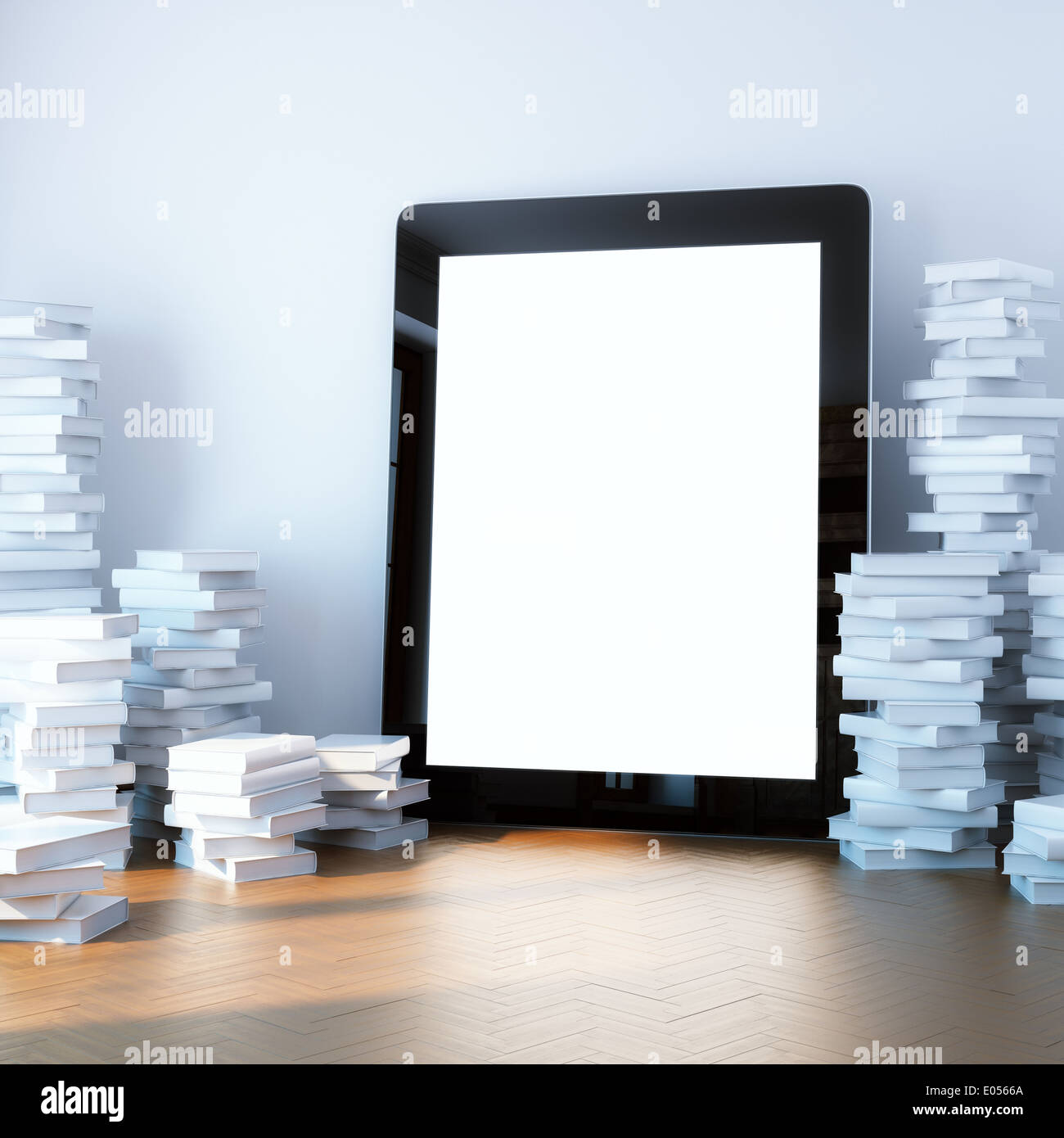 touch screen pad on color background among the many paper books Stock ...