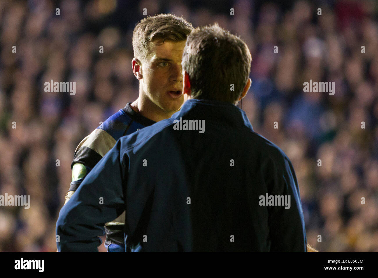 Bath, UK. 02nd May, 2014. George FORD (Bath Rugby) protests about a ...