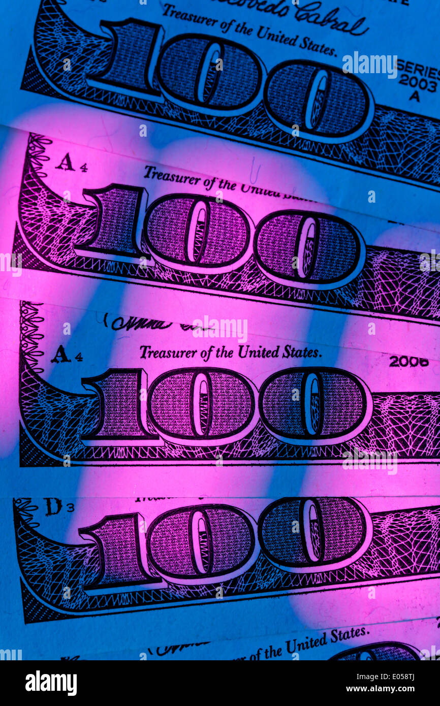 Detail of american dollar of bank notes with coloured lighting hi-res ...