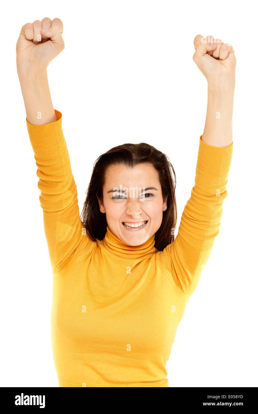 Close-up of a young woman raising her arms with white background Stock ...